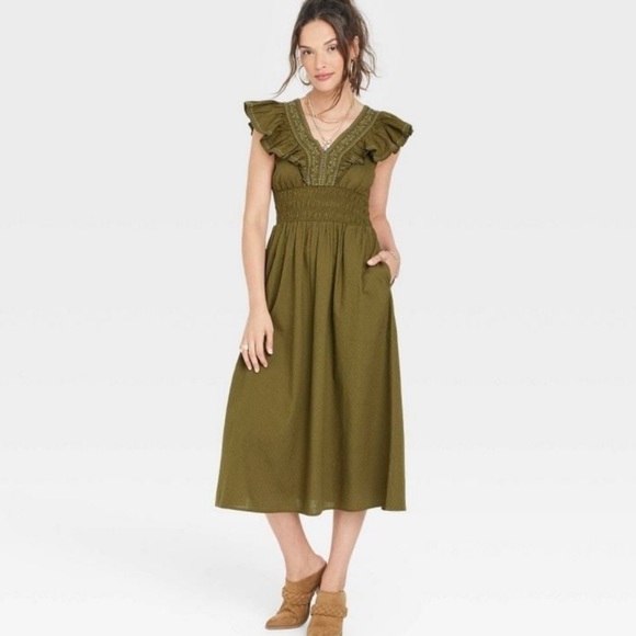 Universal Thread | Dresses | Olive Green Flutter Sleeve Embroidered Dress | Poshmark